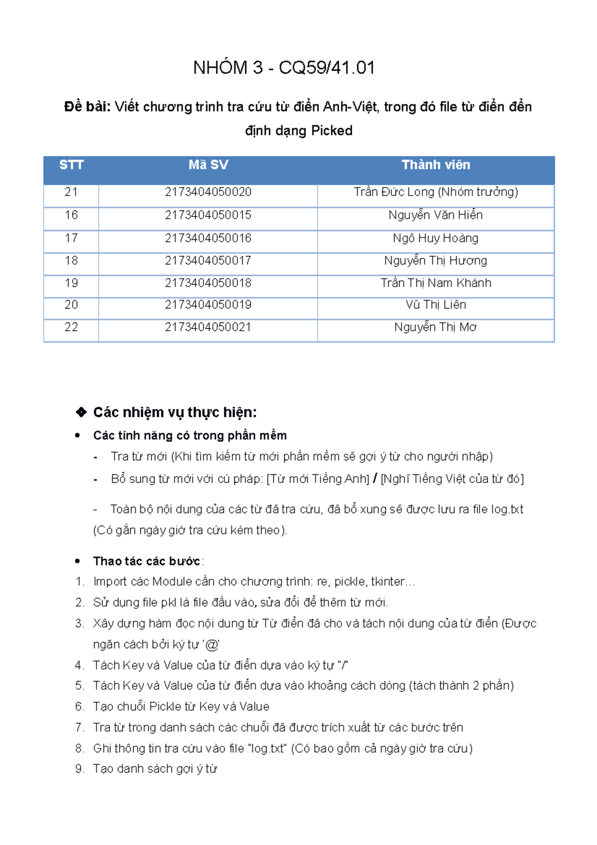 PHAN CONG CONG VIEC - huhuh - NHÓM 3 - CQ59/41. Đề bài: Viết chương ...