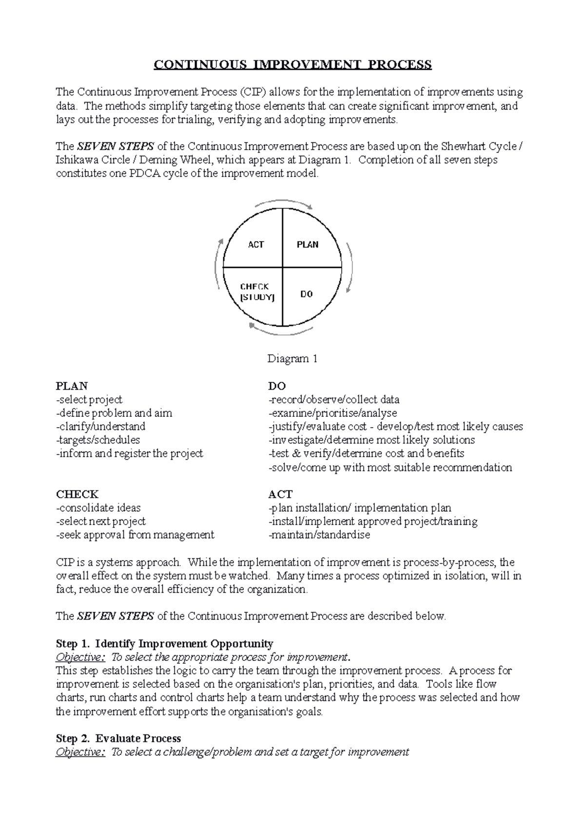 Plan Do Check Act - CONTINUOUS IMPROVEMENT PROCESS The Continuous Improvement Process (CIP ...