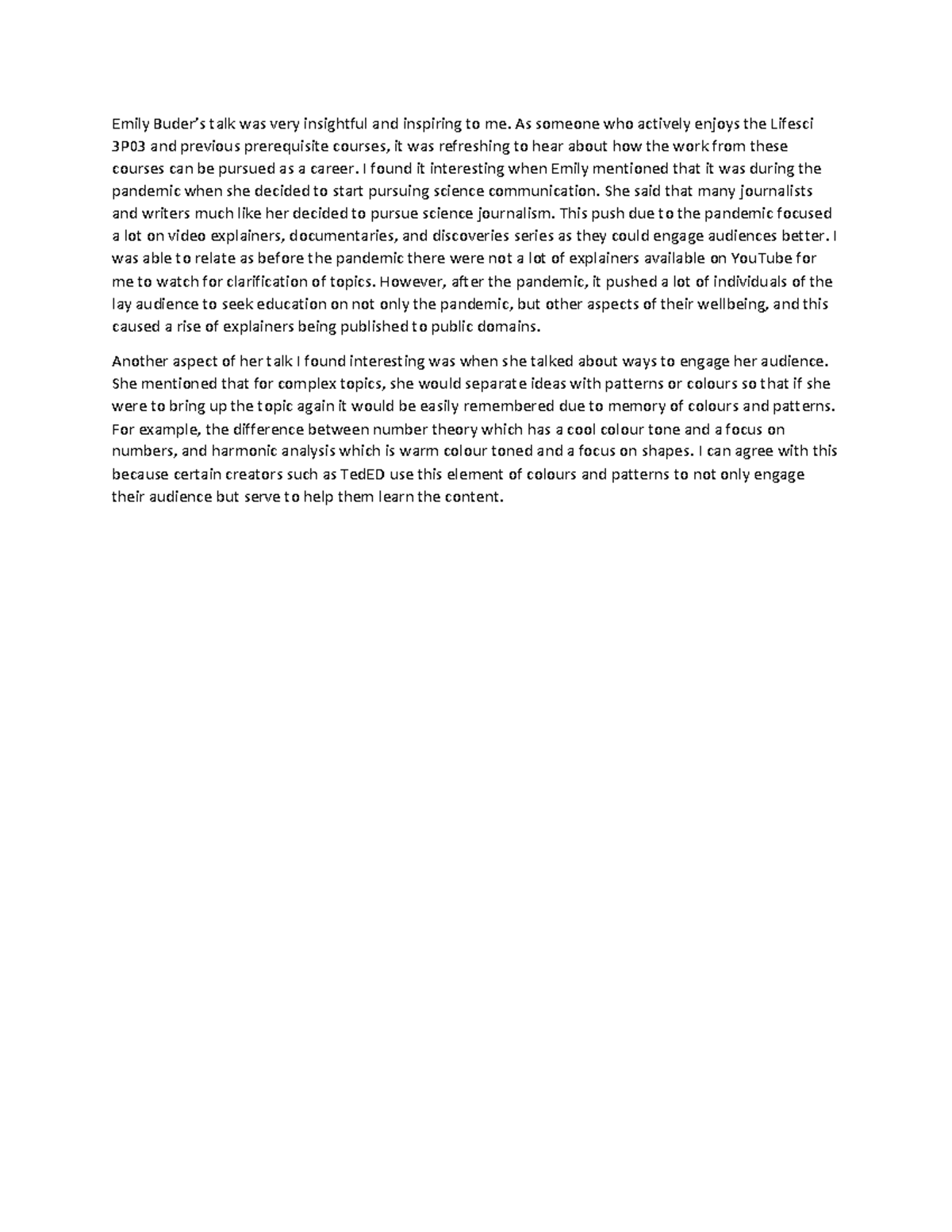 Emily bonus reflection - Emily Buder’s talk was very insightful and ...