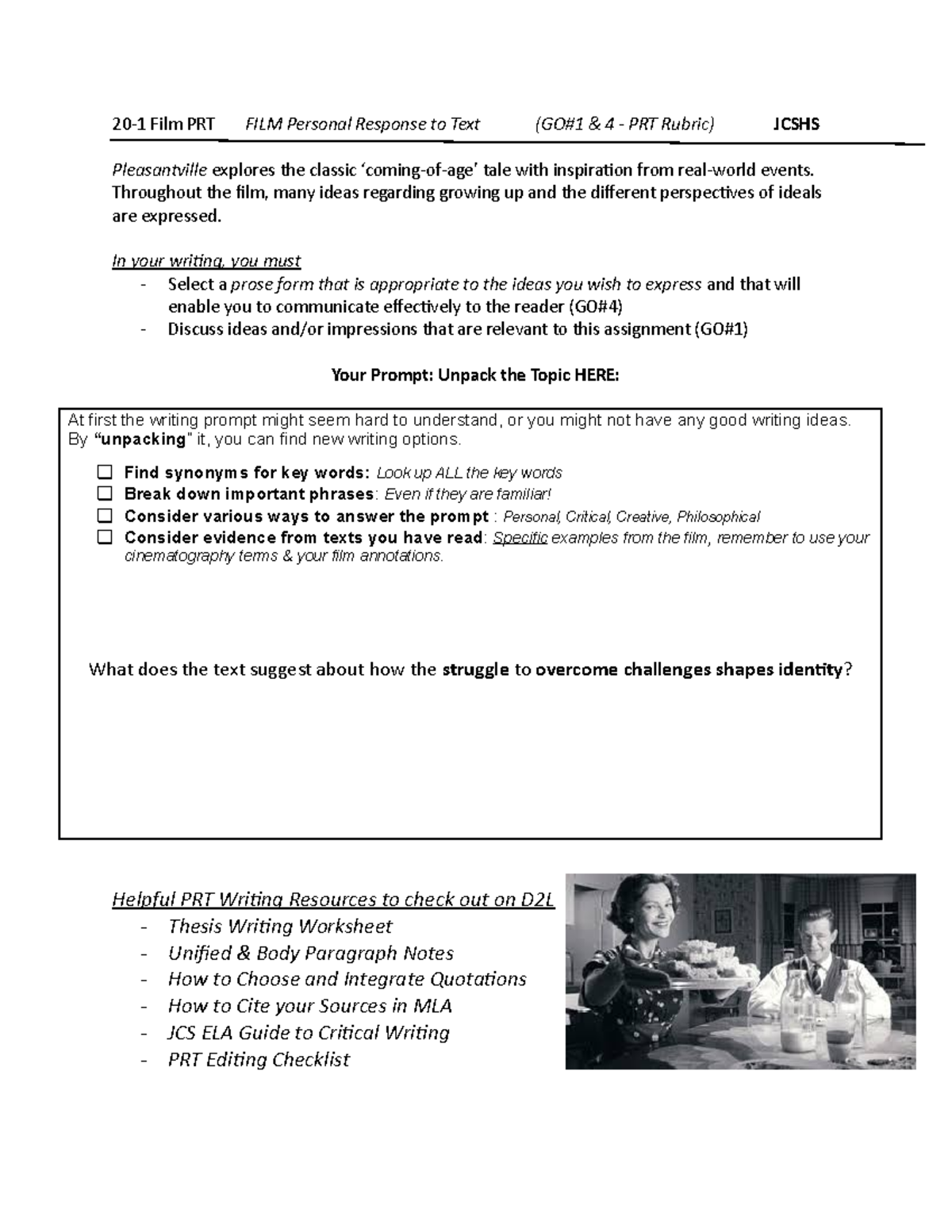 Pleasantville Oct 2022 - 20-1 Film PRT FILM Personal Response to Text ...