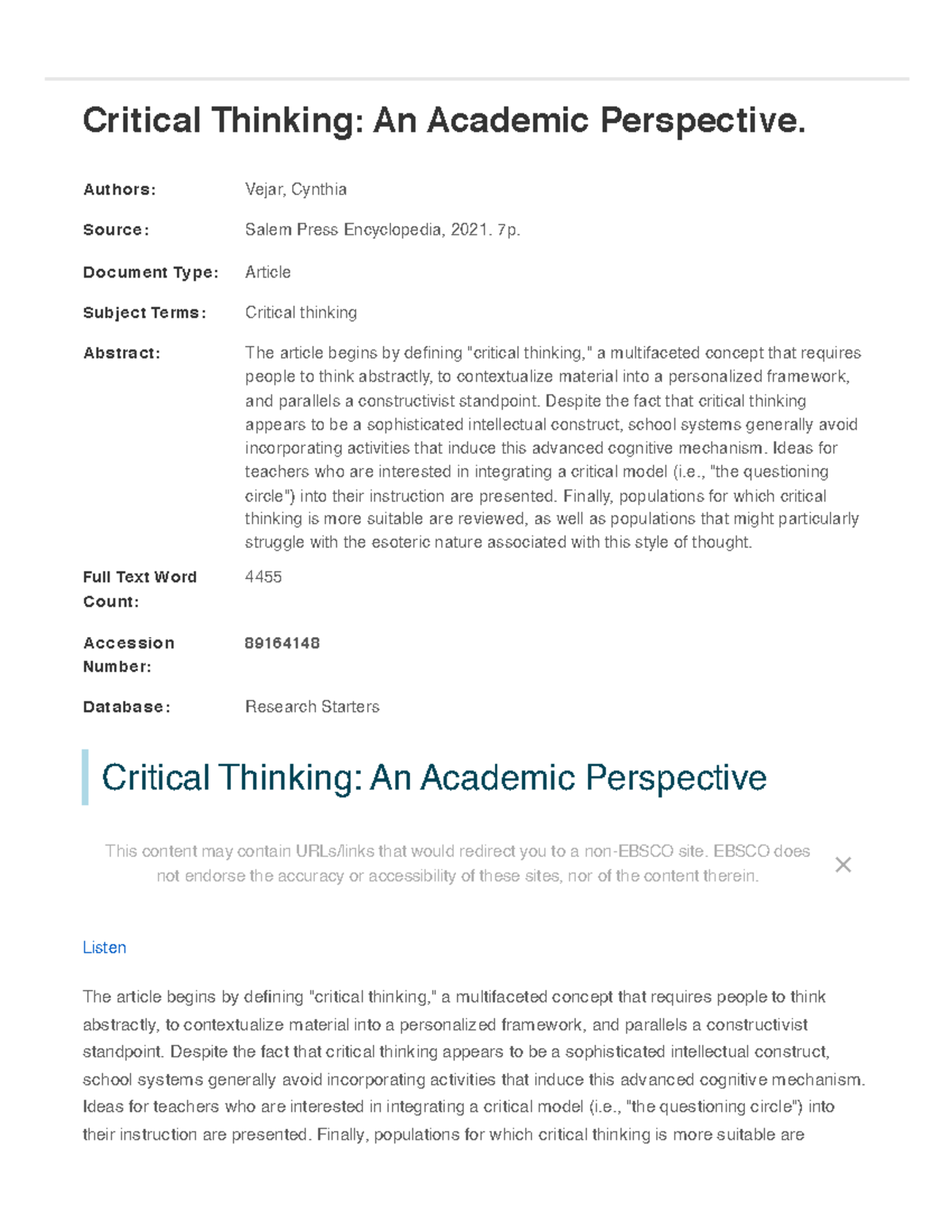 02 Critical Thinking An Academic Perspective - Vejar, Cynthia Salem ...