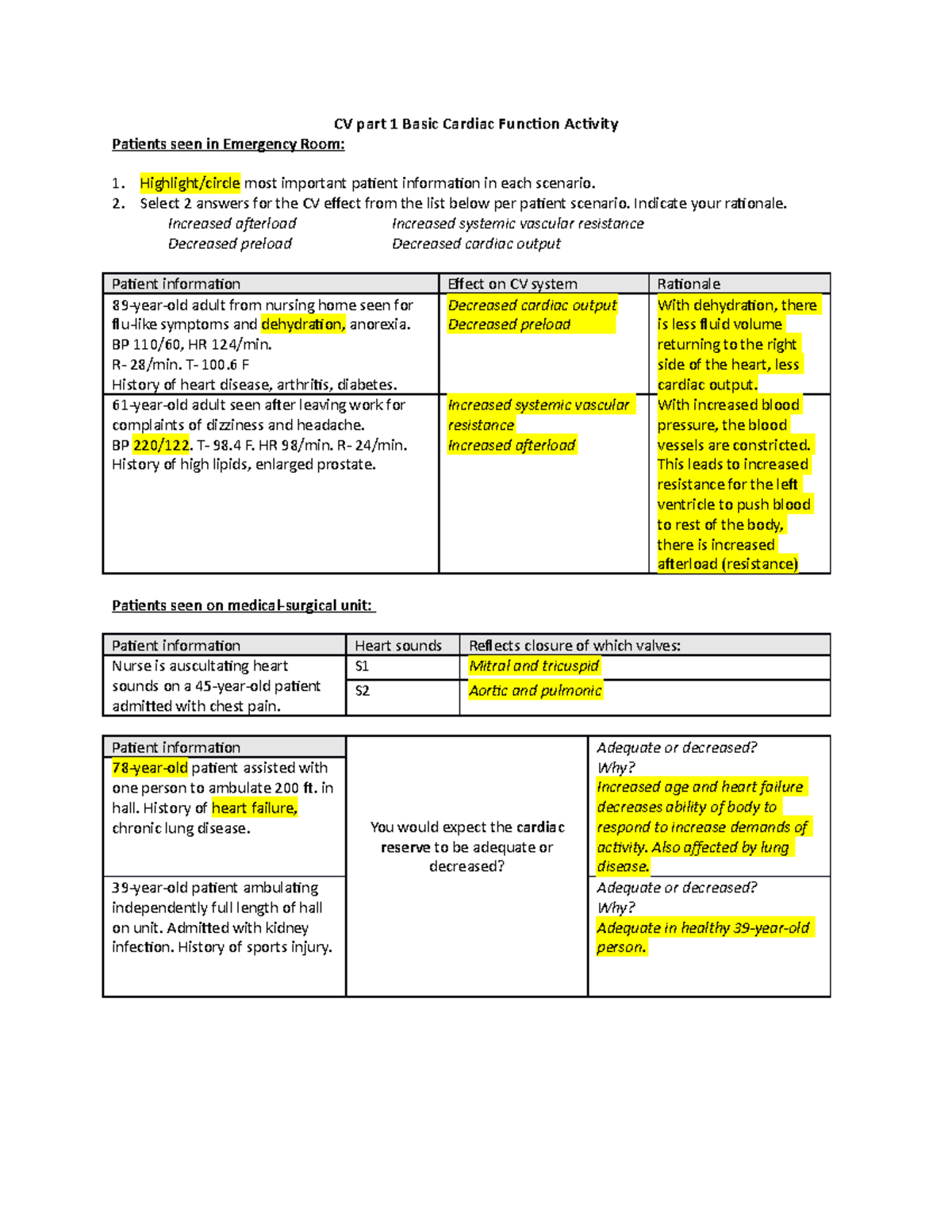 CVpart 1answerkey copy - CV part 1 Basic Cardiac Function Activity ...