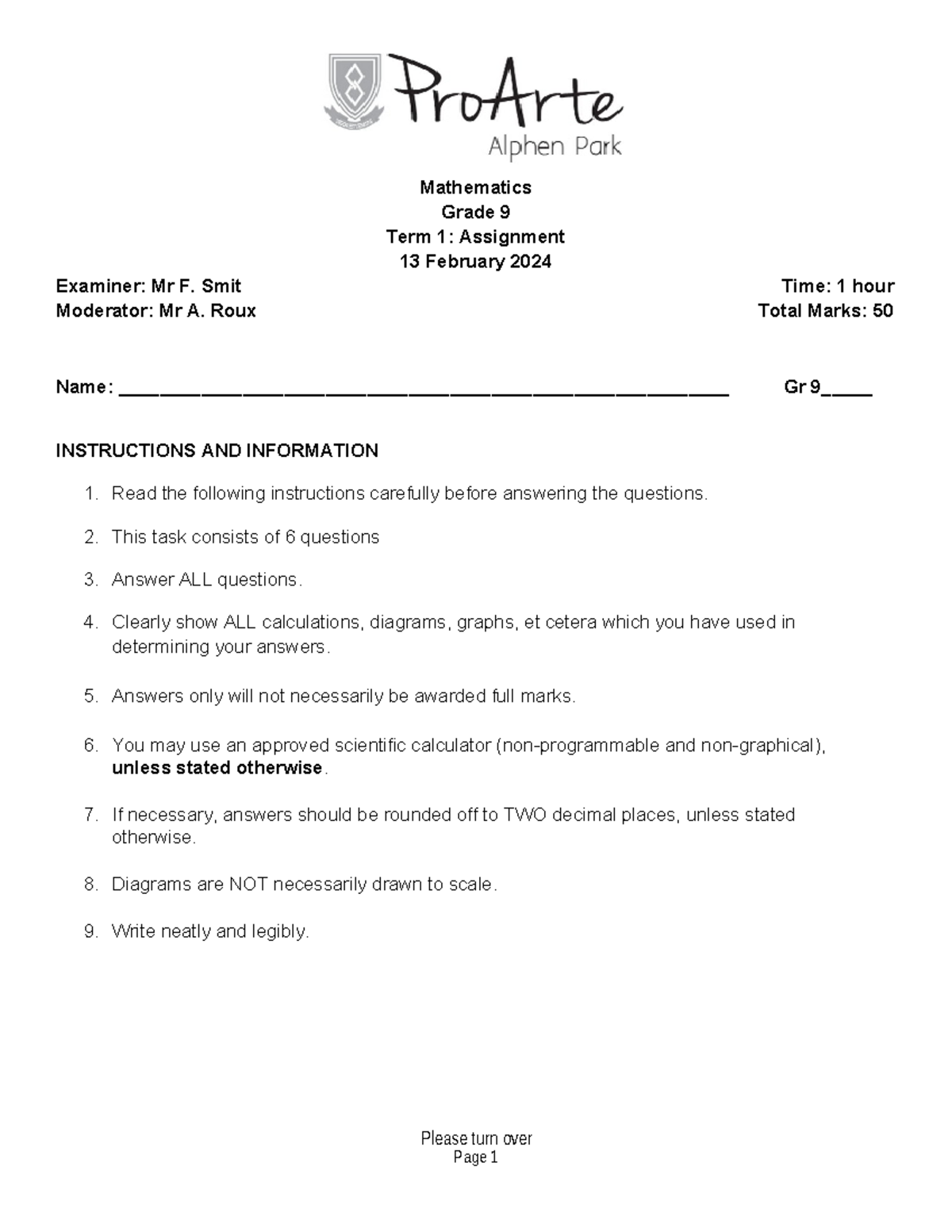 Term 1 Assignment - Mathematics Grade 9 Term 1: Assignment 13 February ...