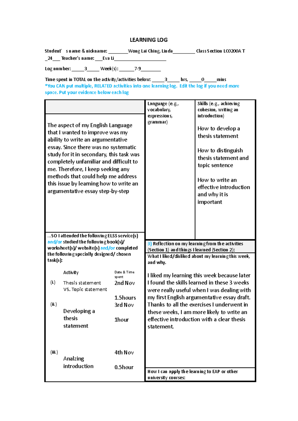 EAP IL log sample - LEARNING LOG Student’s name & nickname: Wong Lai ...