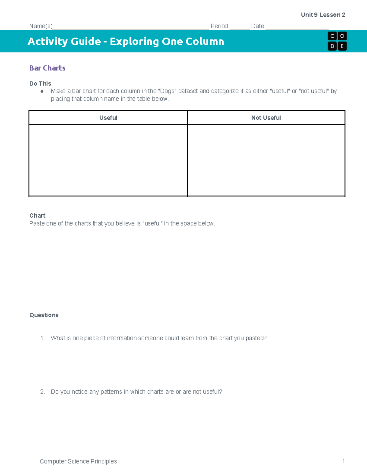 Activity Guide - Exploring One Column - Unit 9 Lesson 2 - Unit 9 Lesson ...