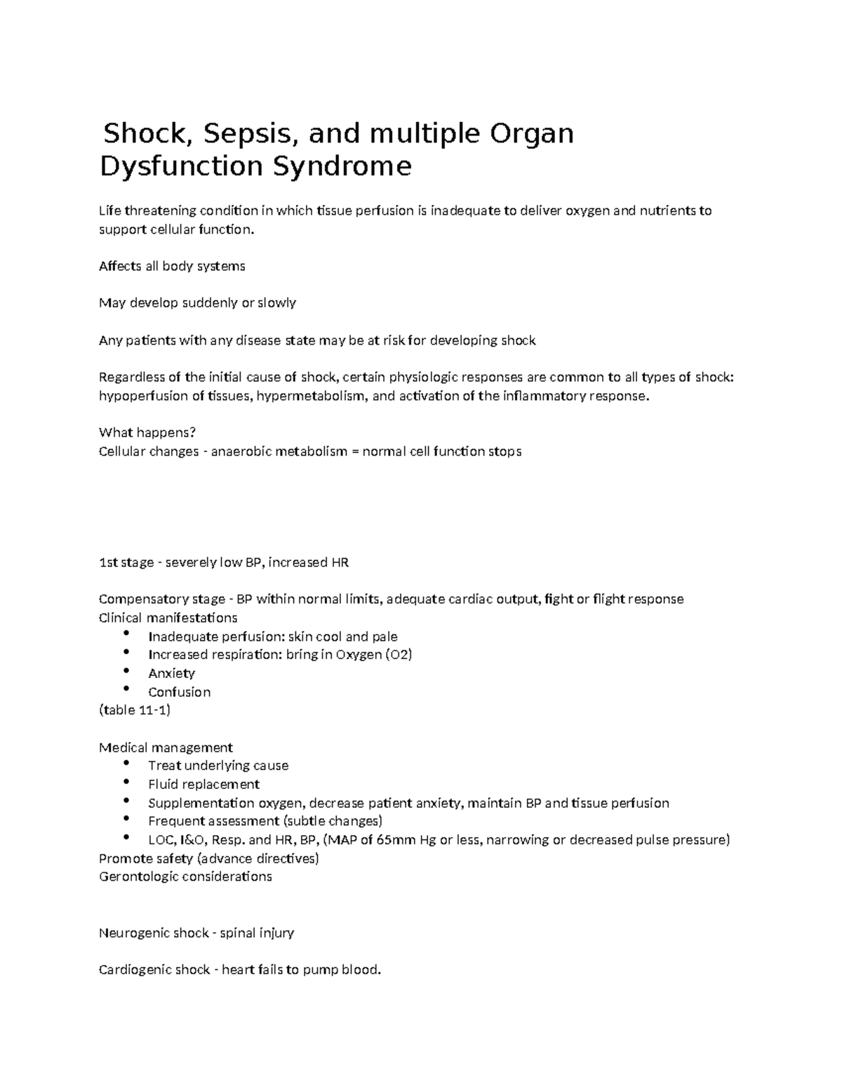 Shock notes - Shock, Sepsis, and multiple Organ Dysfunction Syndrome ...