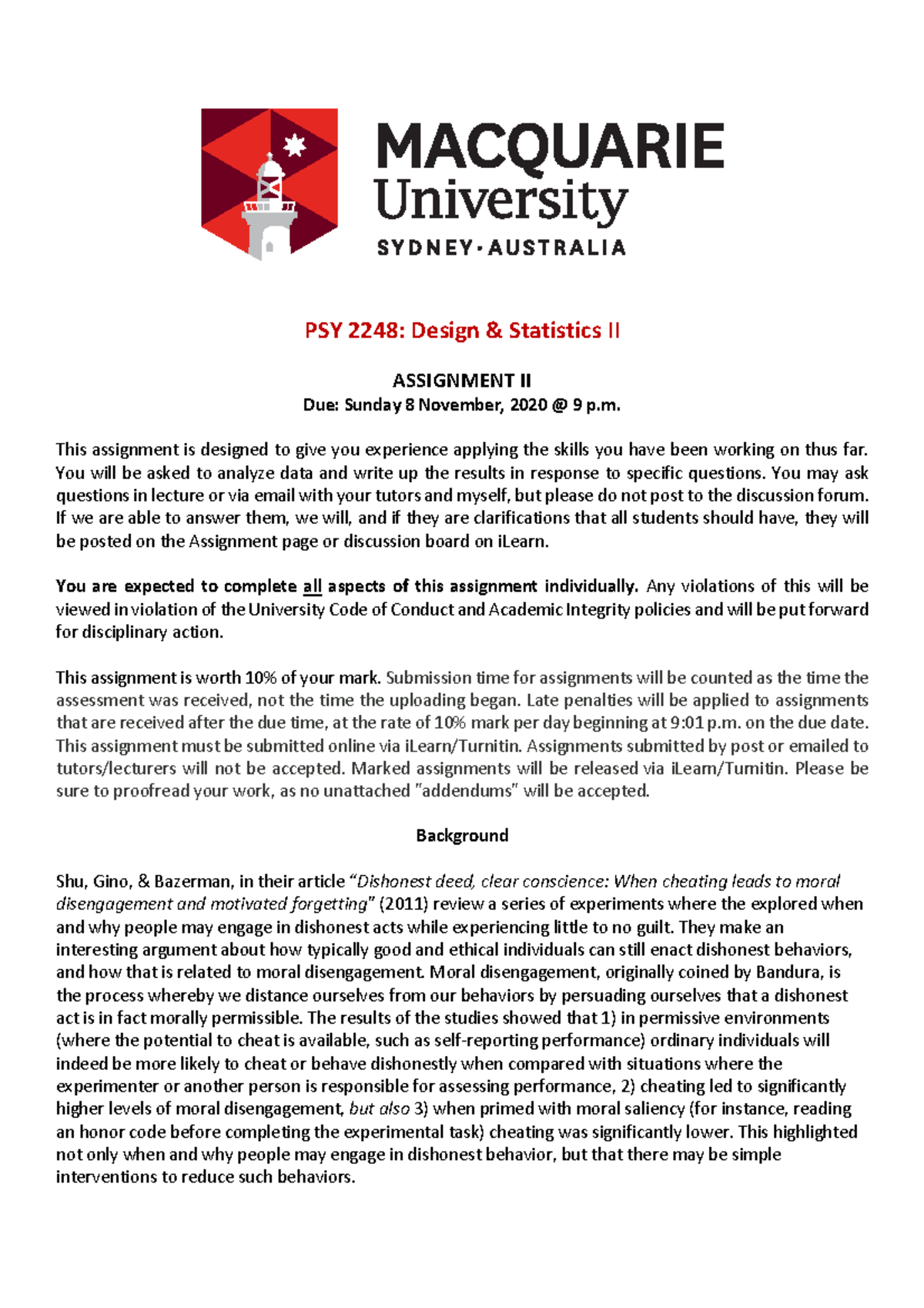 Stats assignment 2 - PSY 2 248: Design & Statistics II ASSIGNMENT II ...