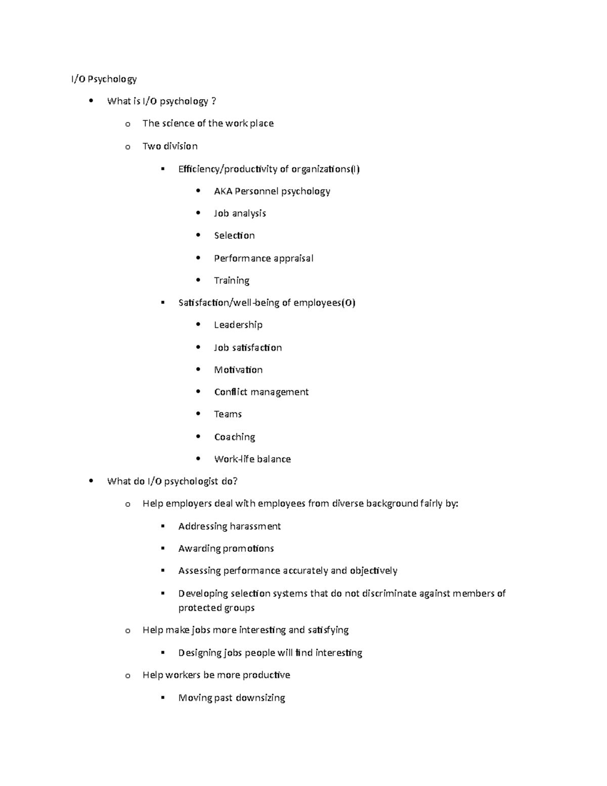 Io Notes 1 Words I O Psychology What Is I O Psychology O The