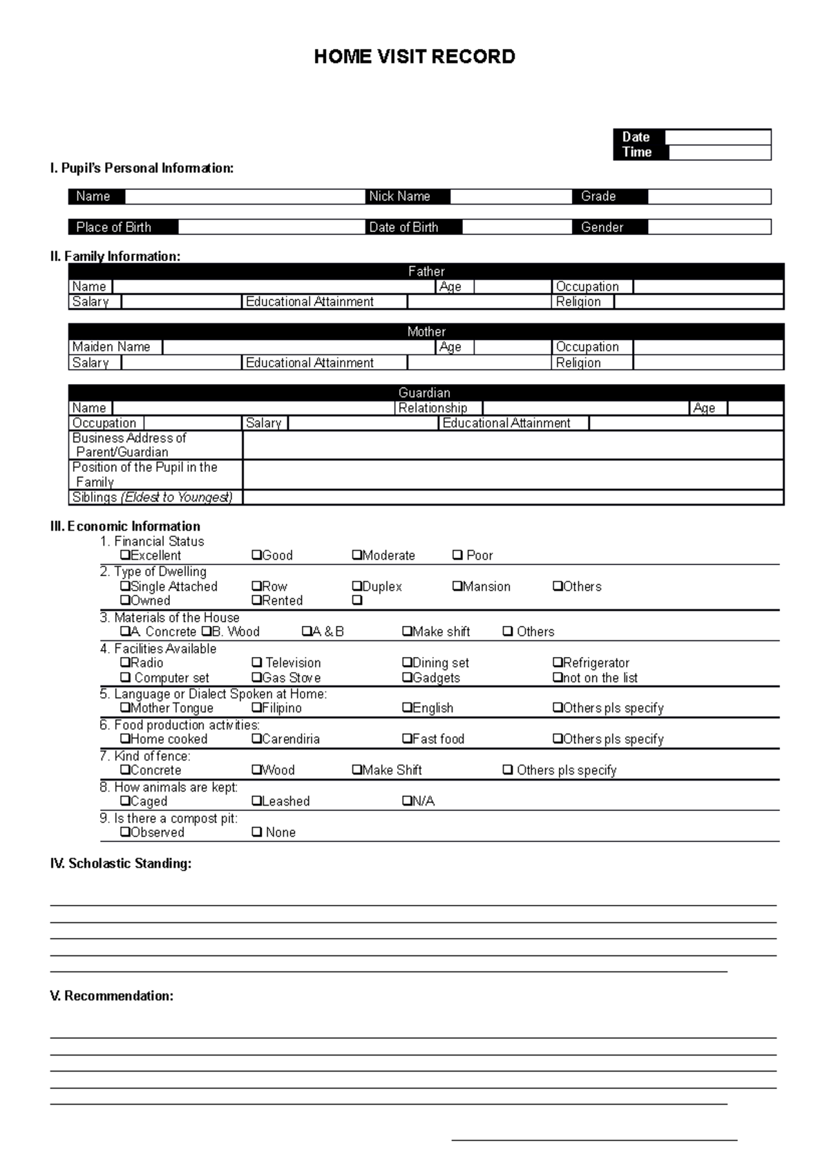 HOME Visit Record For Monitoring of Learners - HOME VISIT RECORD Date ...