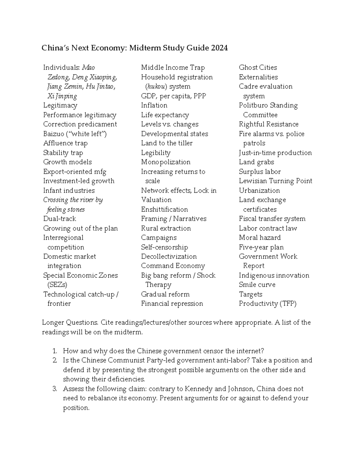GOVT3044 Midterm Exam Study Guide - 2024 - China’s Next Economy: Midterm Study Guide 2024 - Studocu