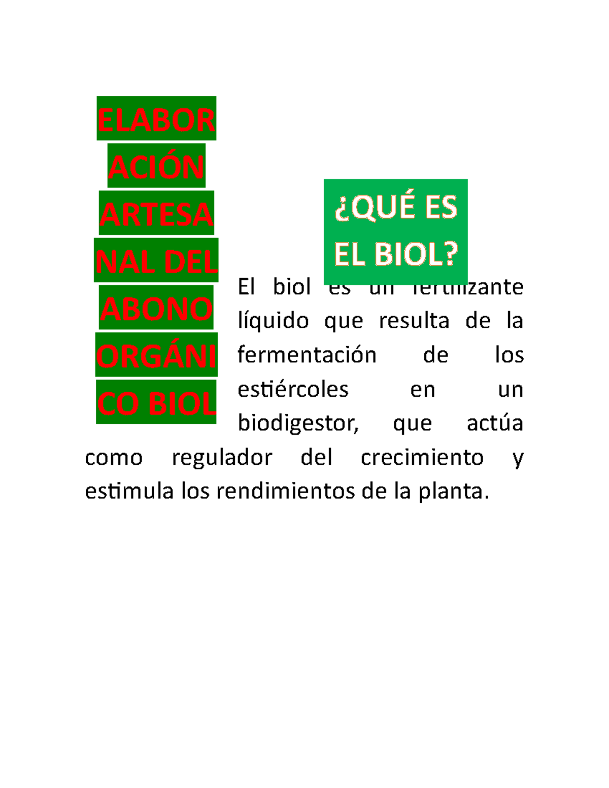 BIOL - tarea nice - El biol es un fertilizante líquido que resulta de ...