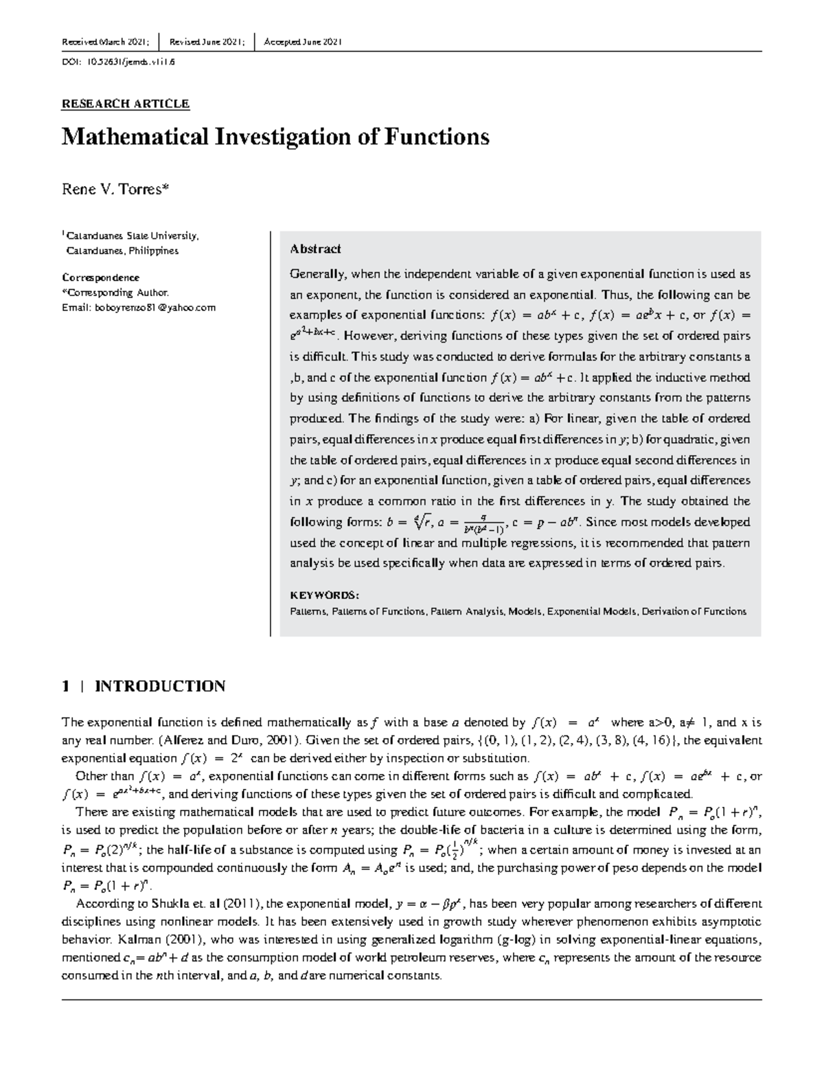 Mathematical Investigation of Functions Sample - Received March 2021 ...