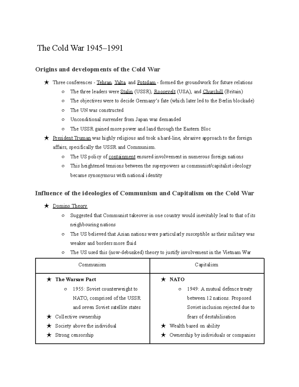 Modern History HSC Cold War Notes - The Cold War 1945– Origins and ...