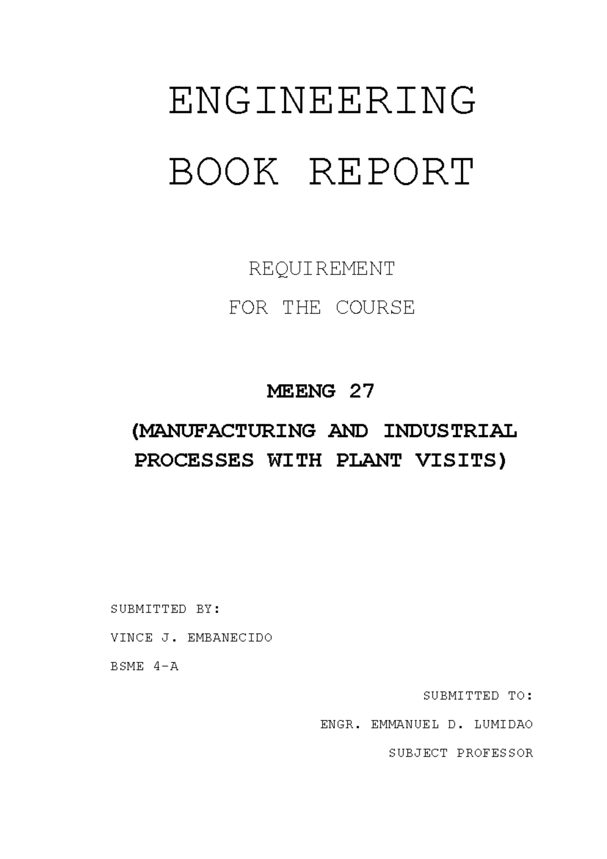 Engineering BOOK Cover PAGE - Bachelor of Science in Mechanical Engineering - ENGINEERING BOOK ...