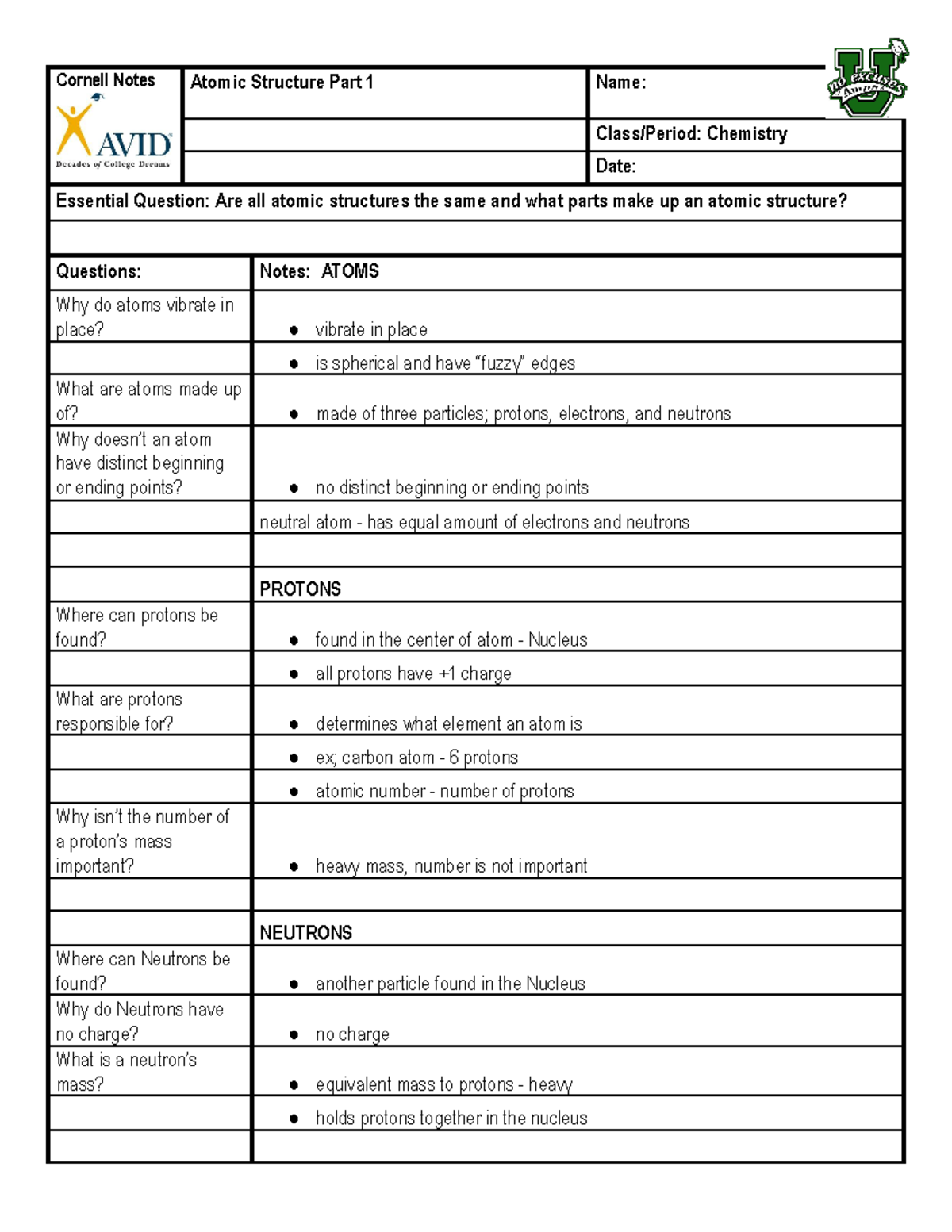 Cornell Notes Part 1 - Cornell Notes Atomic Structure Part 1 Name ...