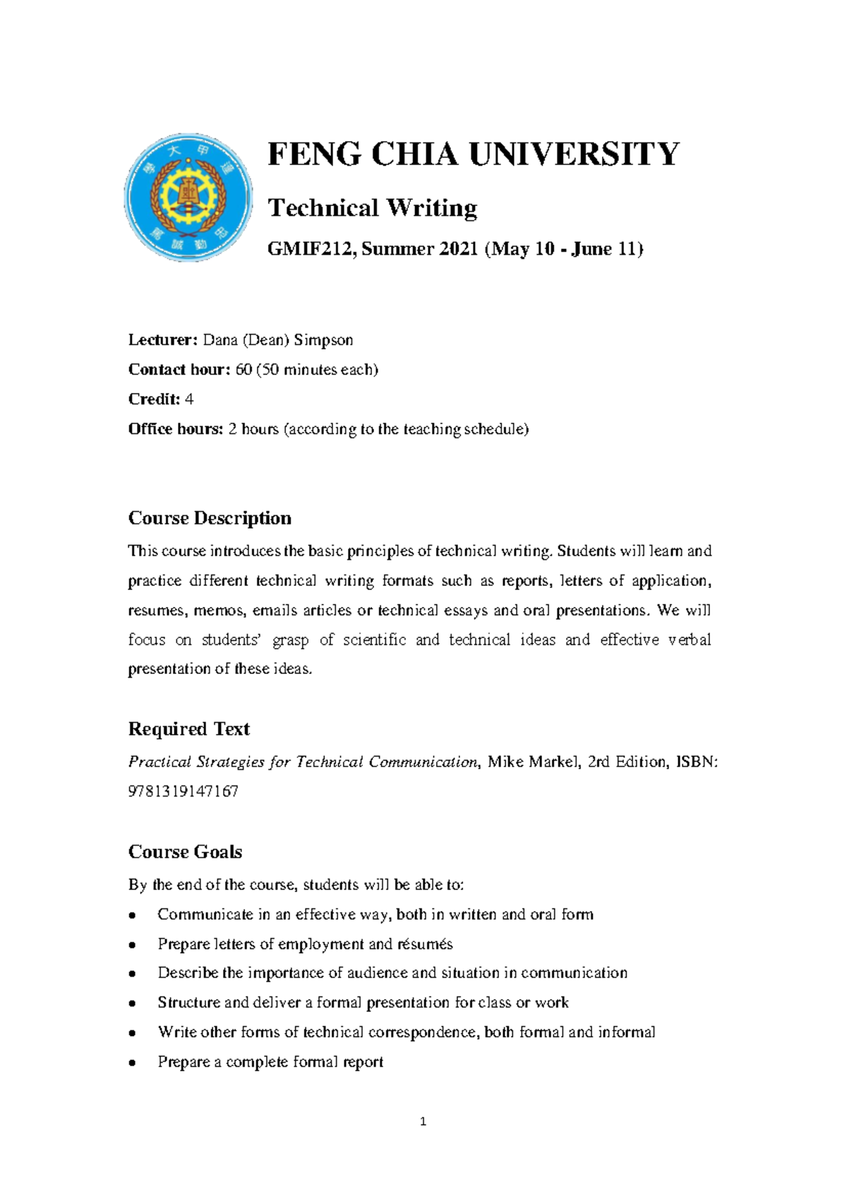 Technical Writing Syllabus - FENG CHIA UNIVERSITY Technical Writing ...