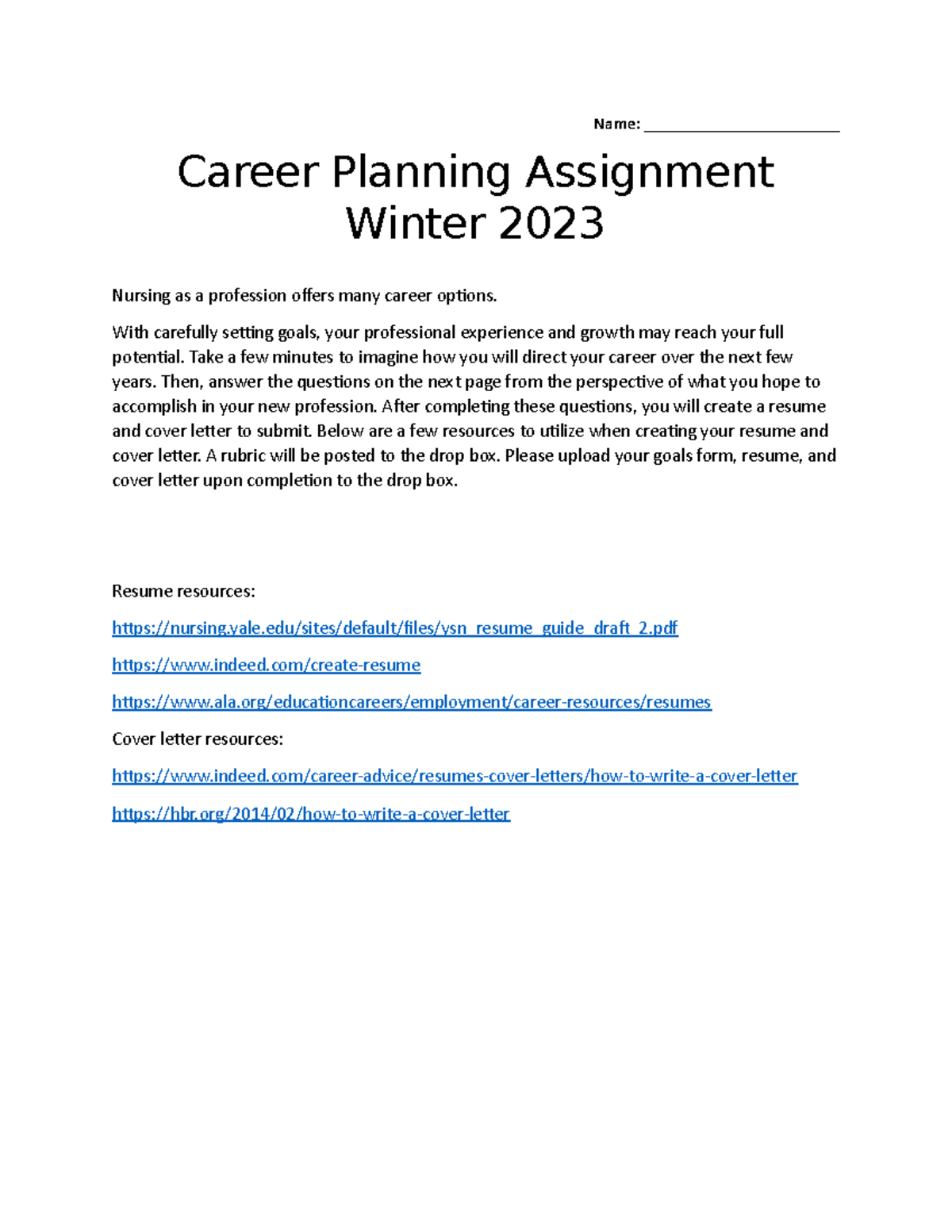 Professionalism Assignment 2023 - Name: _______________________ Career ...