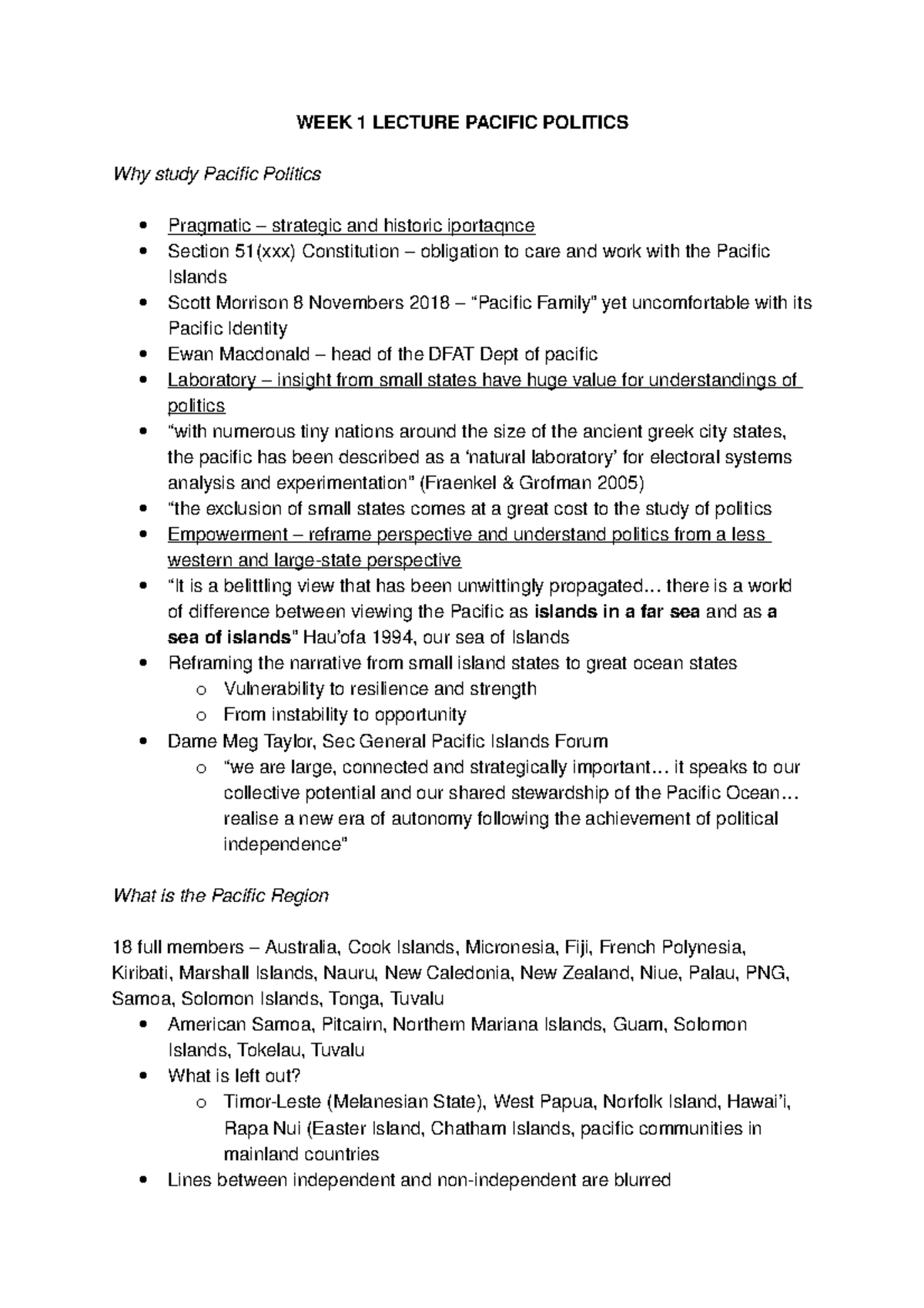 W1 Lecture Pacific Pols - WEEK 1 LECTURE PACIFIC POLITICS Why study ...