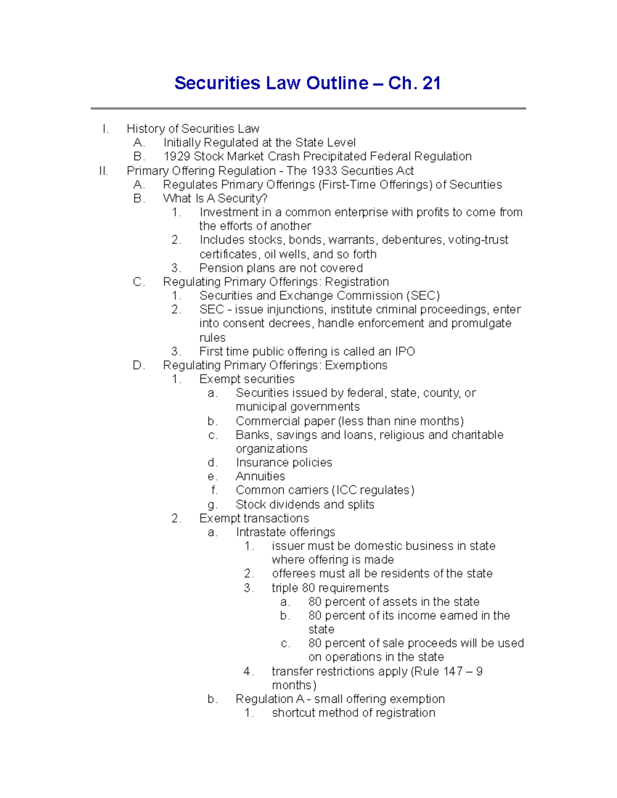 Securities Law Outline Ch21 - Securities Law Outline – Ch. 21 I ...