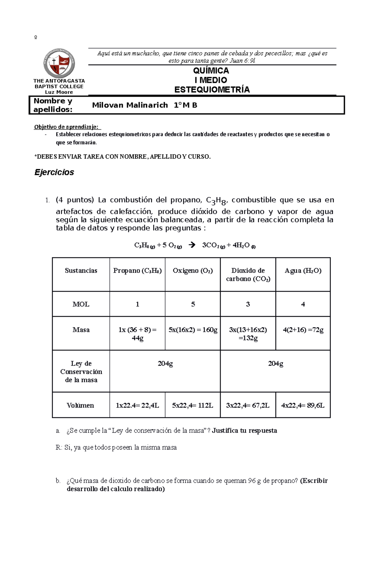 Guia Calculos Estequiometricos - º THE ANTOFAGASTA BAPTIST COLLEGE Luz ...