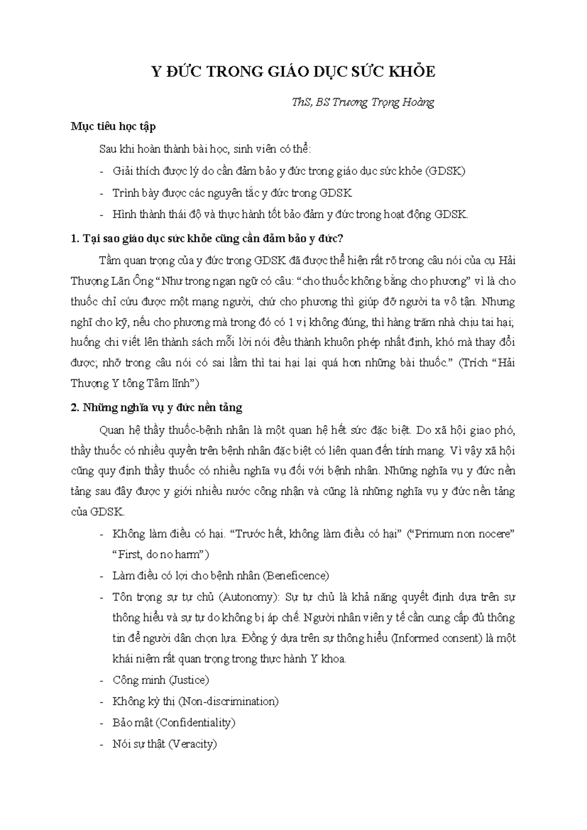 Y duc trong GDSK - Y ÐỨC TRONG GIÁO DỤC SỨC KHỎE ThS, BS Trương Trọng ...