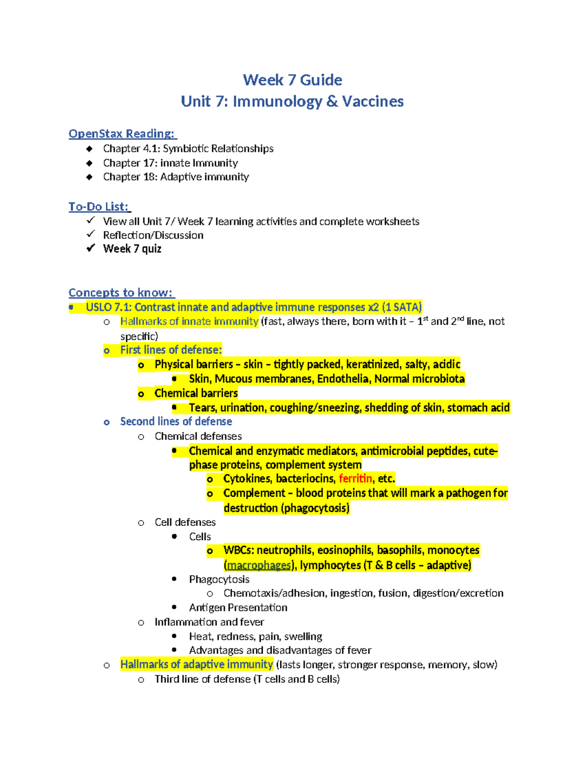 Week 7 Guide Immunology and Vaccine Study Session - Week 7 Guide Unit 7 ...