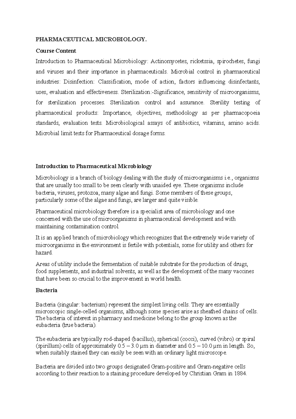 Pharmaceutical Microbiology Pharmaceutical Microbiology Course