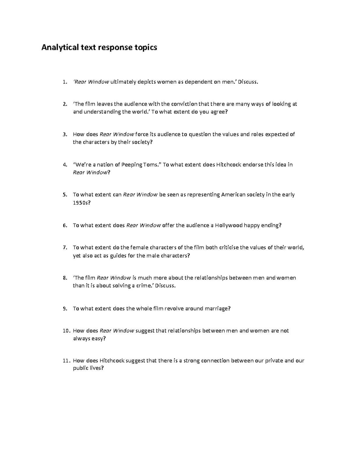 Analytical text response topics 1 (Rear Window) - Analytical text ...