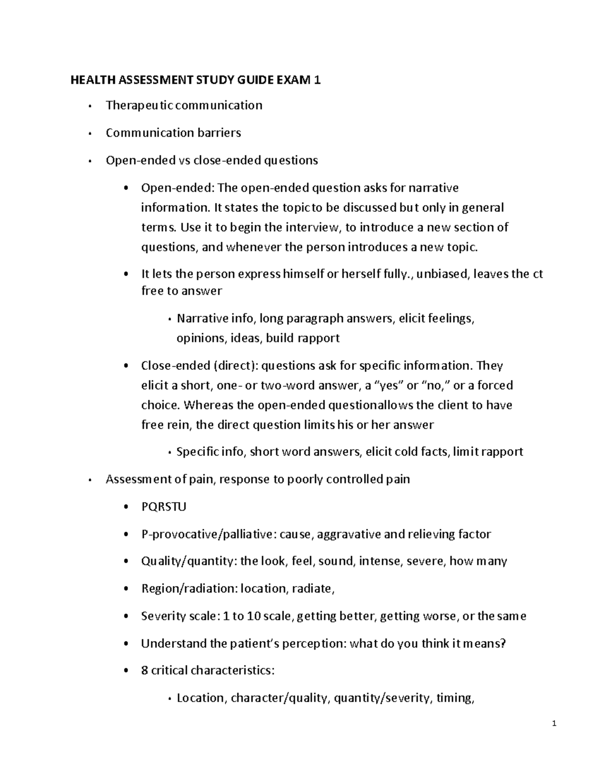 Health Assessment Study Guide EXAM 1 1 - HEALTH ASSESSMENT STUDY GUIDE ...
