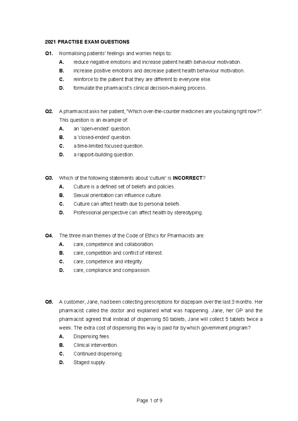 Practise exam - Final exam practice - 2021 PRACTISE EXAM QUESTIONS Q1 ...