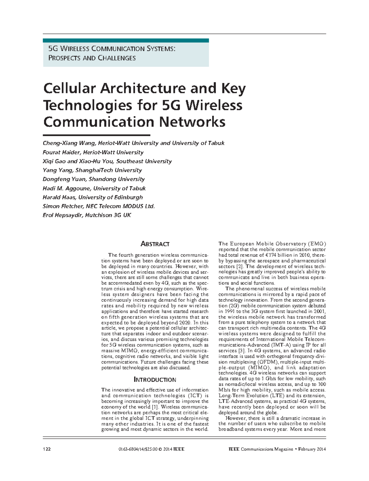 Cellular Architecture and Key Technologies for 5G - 122 0163-6804/14 ...