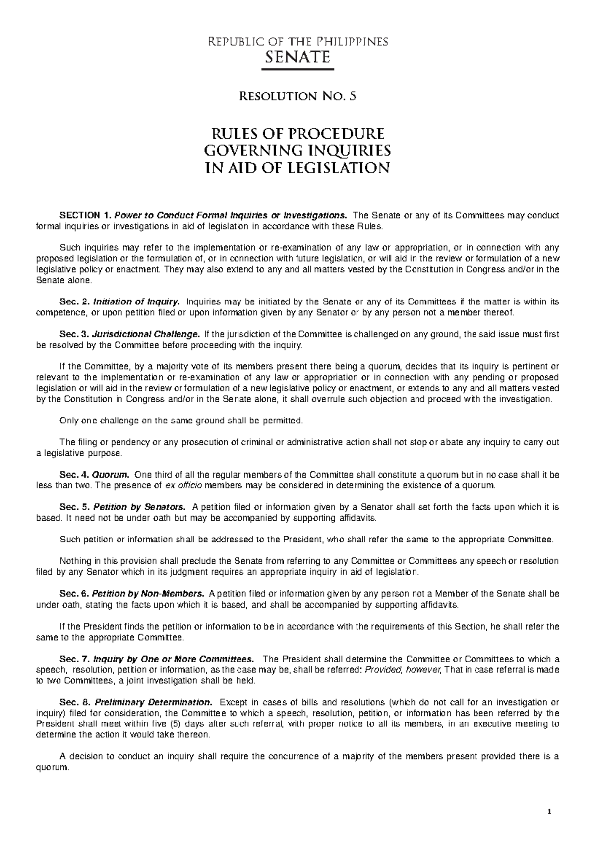 Rules of procedure governing inquiries in aid of legislation - 1 ...