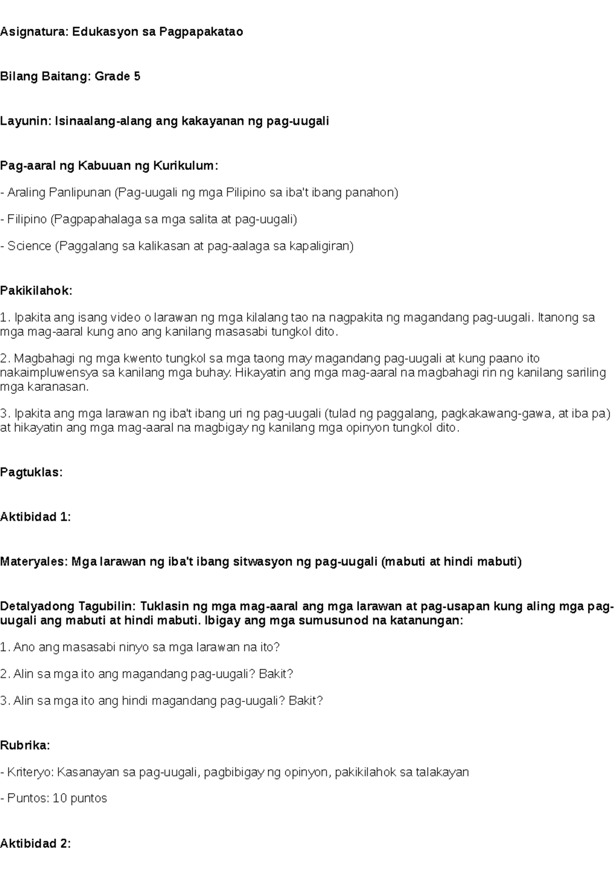 Lesson plan - Asignatura: Edukasyon sa Pagpapakatao Bilang Baitang ...