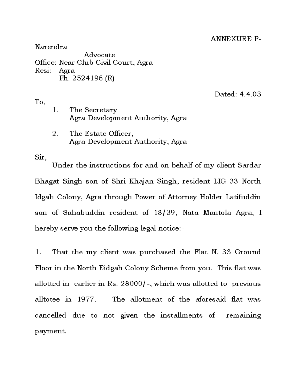Notice - Seeee - ANNEXURE P- Narendra Advocate Office: Near Club Civil ...