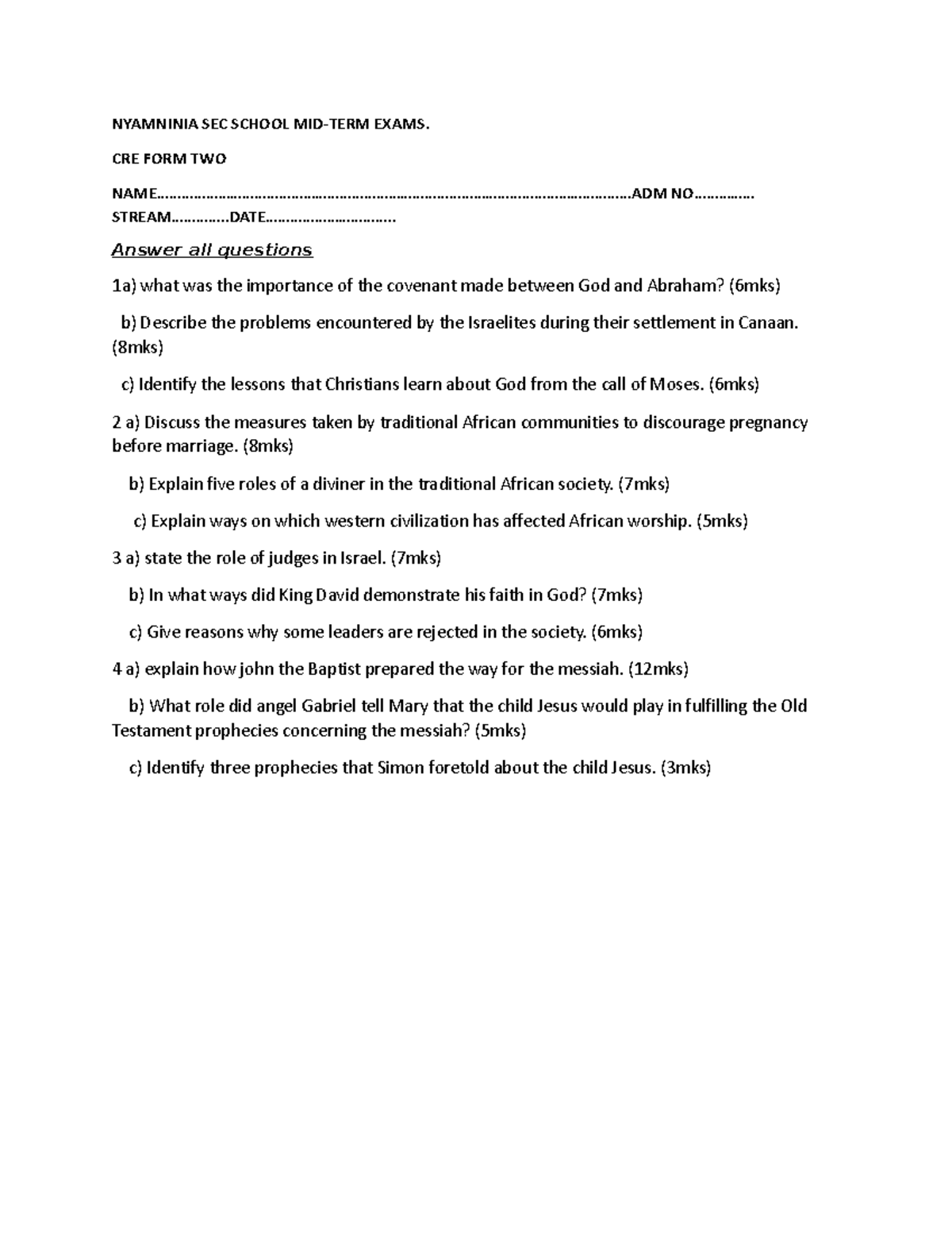 Cre f2 - teaching notes - NYAMNINIA SEC SCHOOL MID-TERM EXAMS. CRE FORM ...