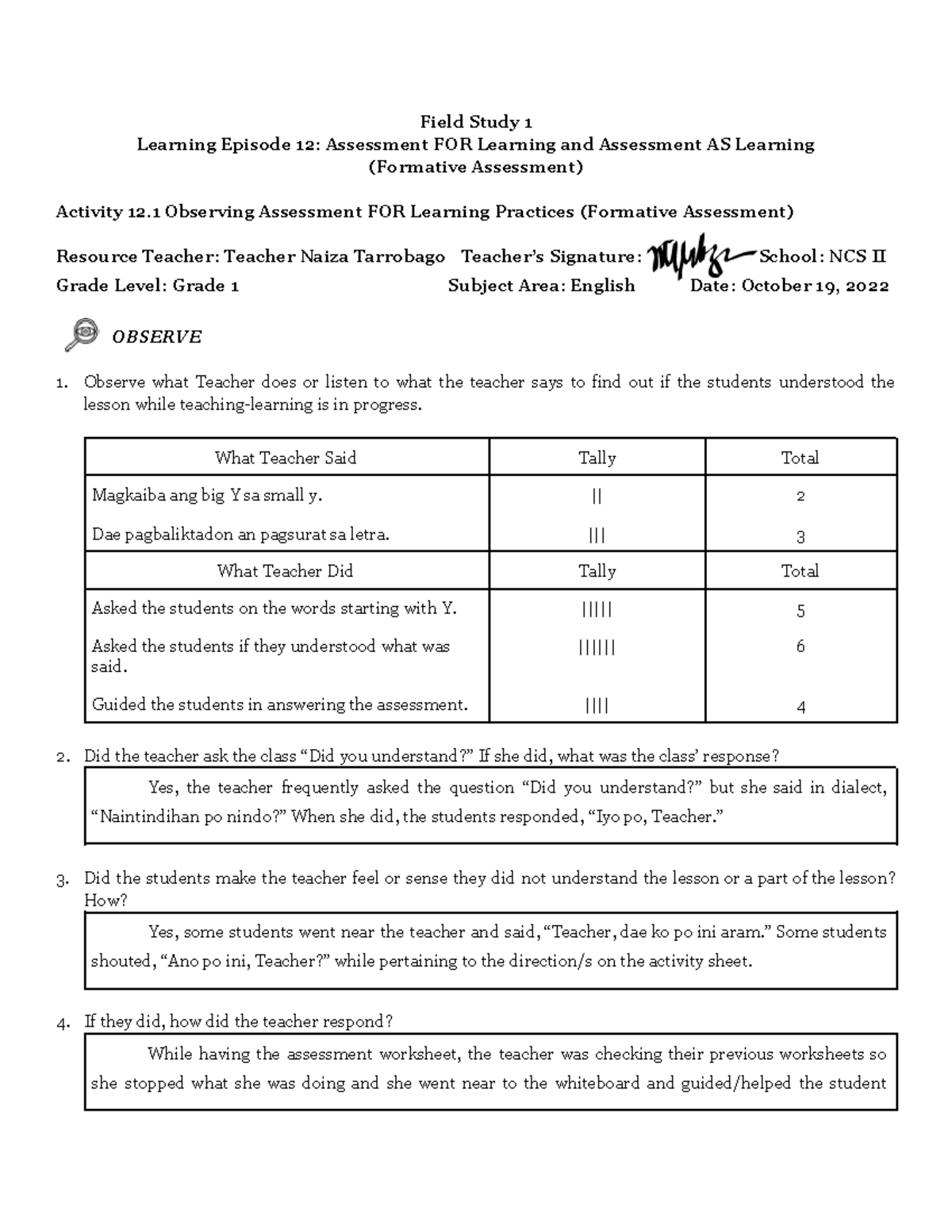 Learning Episode 12 - Field study 1 - Field Study 1 Learning Episode 12 ...
