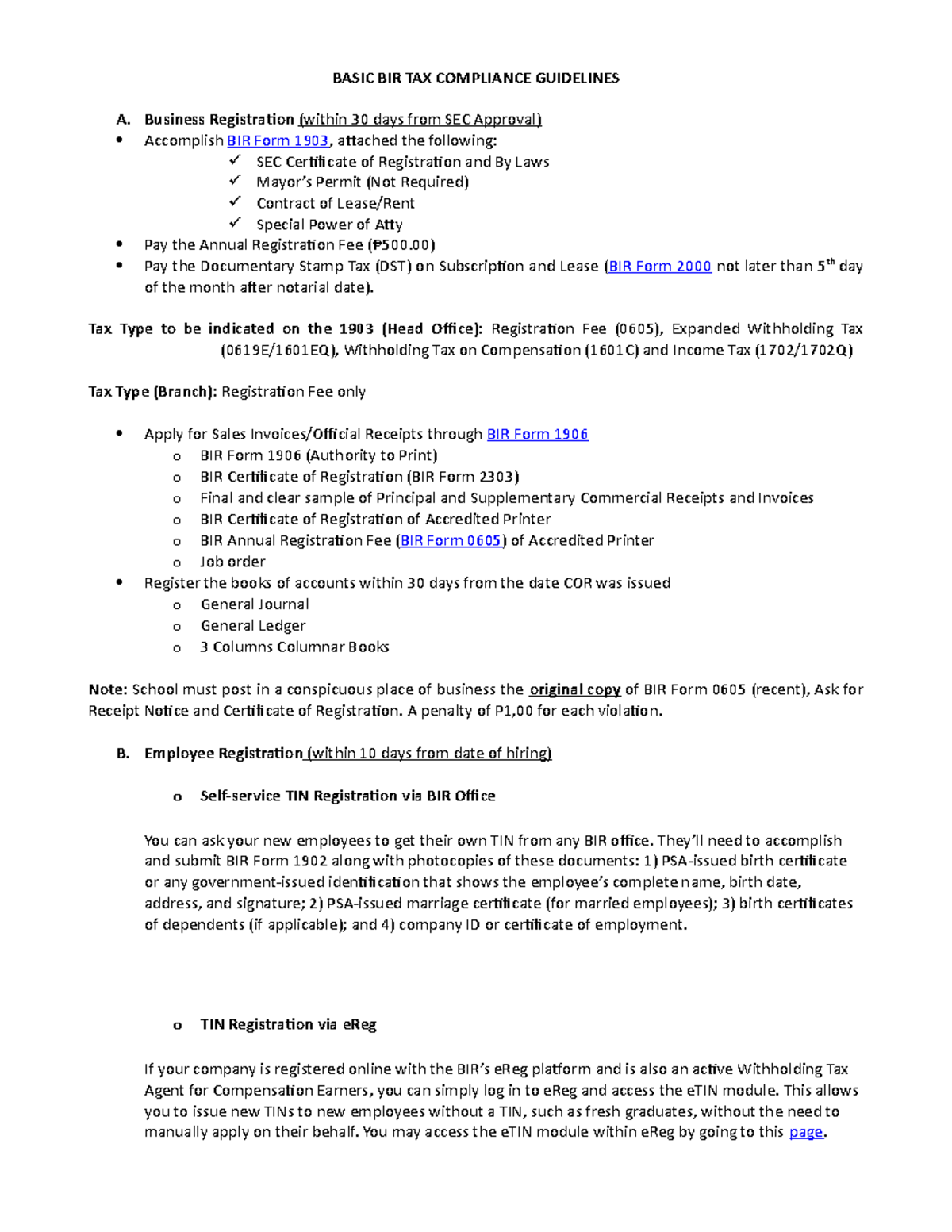 BIR Tax Compliance - BASIC BIR TAX COMPLIANCE GUIDELINES A. Business ...