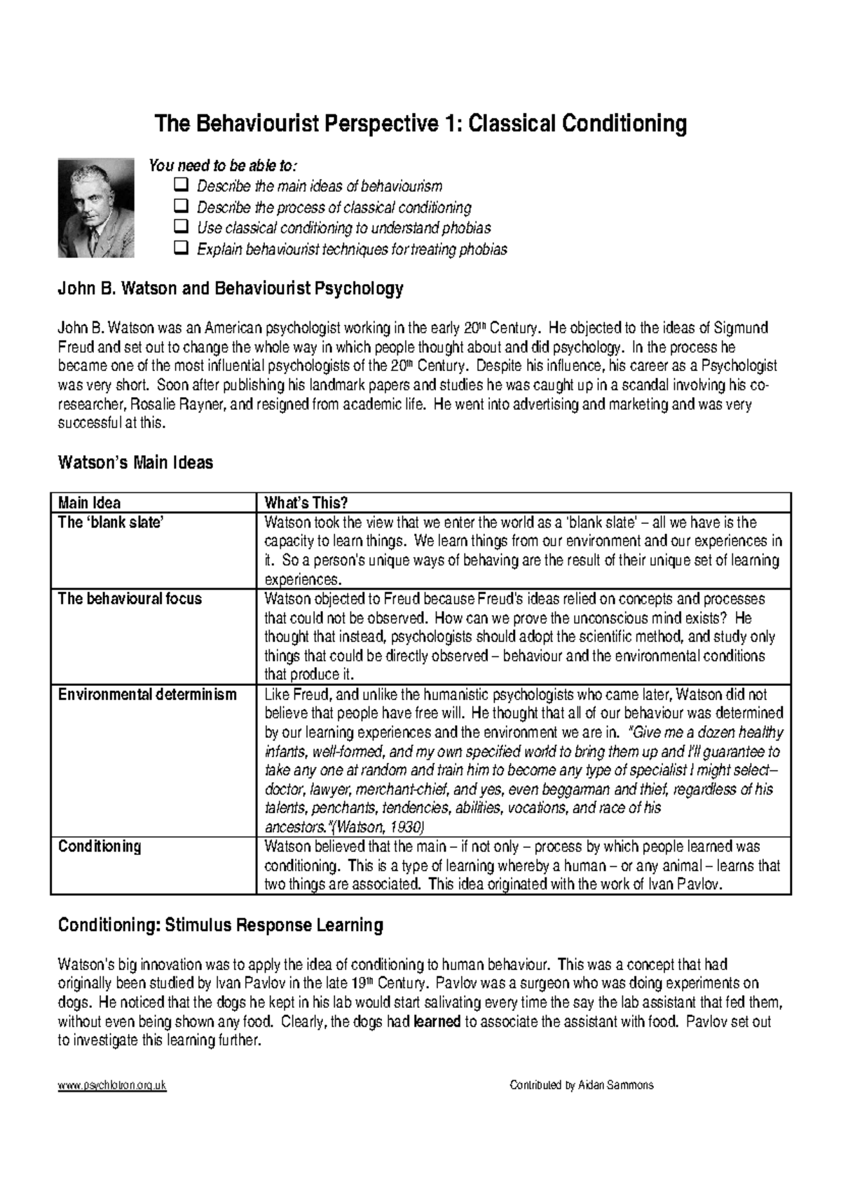 Classical Conditioning - Watson and Behaviourist Psychology John B ...