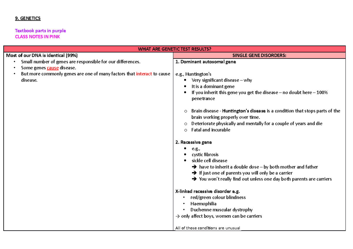 9. Genetics Summary - 9. GENETICS Textbook parts in purple CLASS NOTES ...