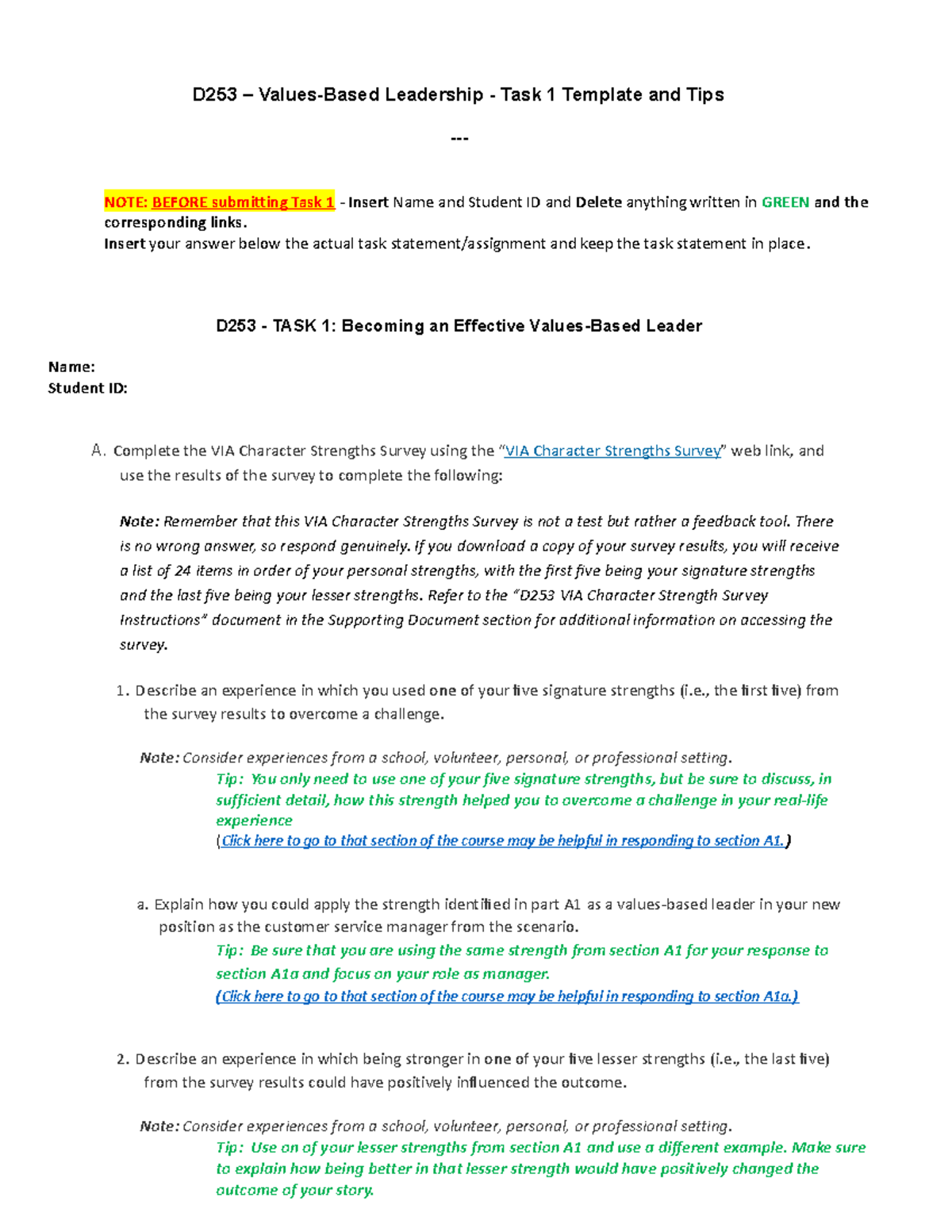D253 Task 1 Template - testing - D253 – Values-Based Leadership - Task ...