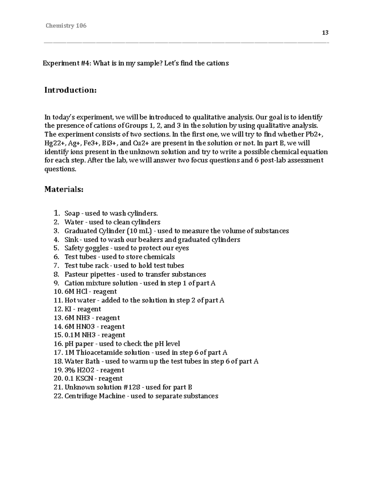 Lab 4s Chem 106 - Lab 4 Report - Chemistry 106 13 - Studocu