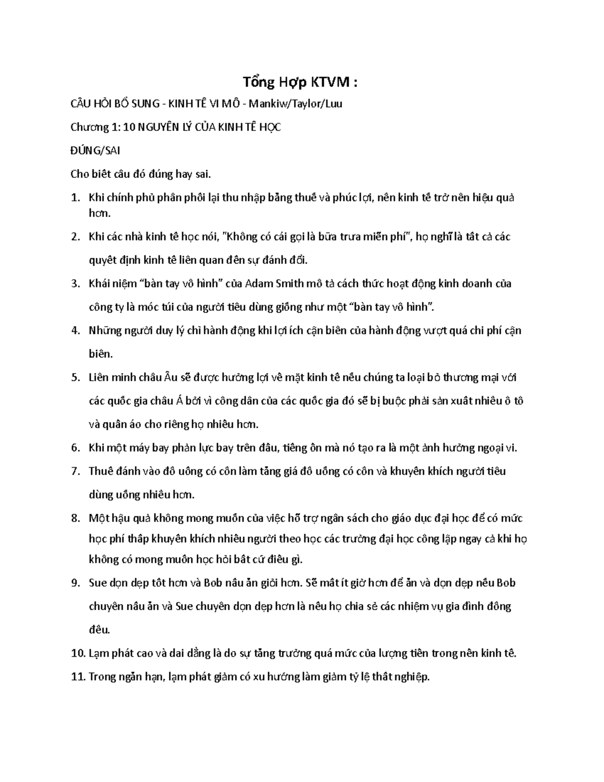KTVM - trắc nghiệm chương 1-9 - T ng Hổ ợp KTVM : CÂU H ỎI B ỔSUNG - KINH TẾẾ VI MÔ - - Studocu