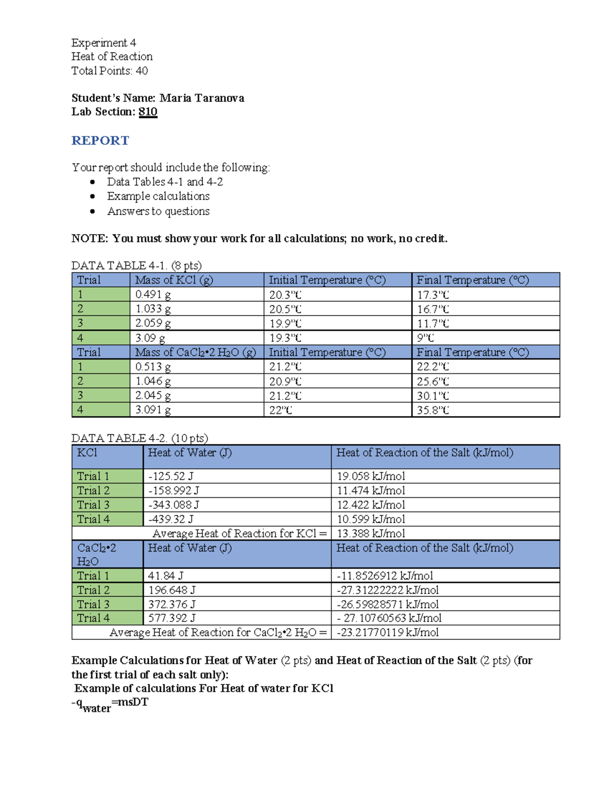 Exp. 4 - Heat of Reaction - Heat of Reaction Total Points: 40 Student’s ...