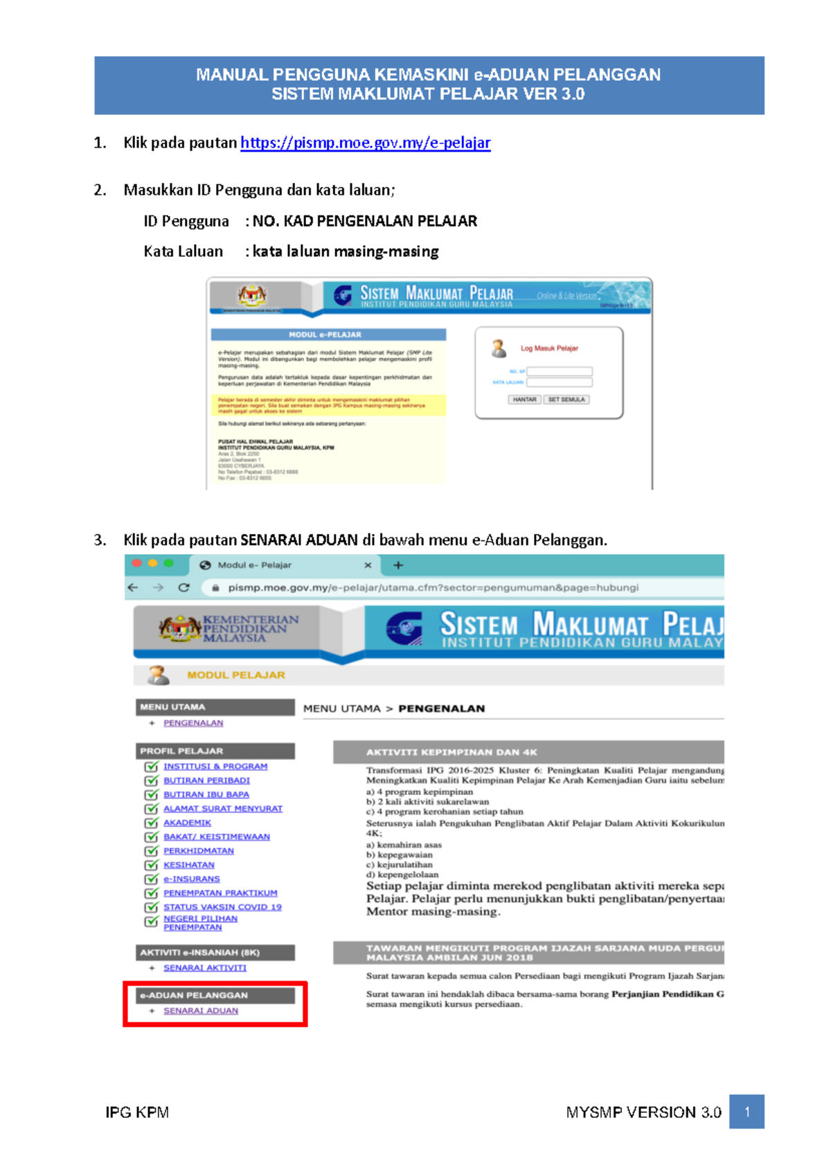 Manual Pengguna e-Aduan Pelajar - IPG KPM MYSMP VERSION 3 1 Klik pada ...