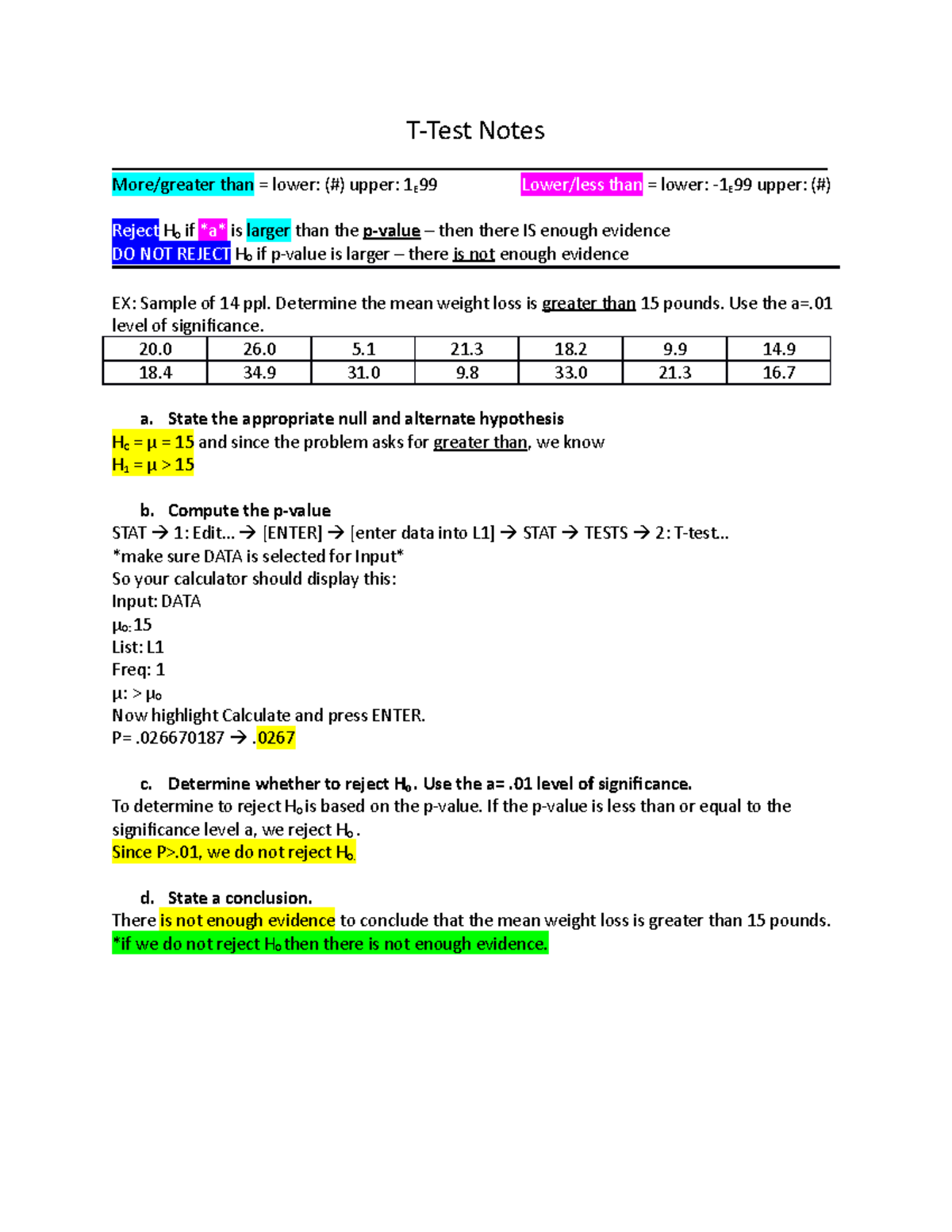 T-Test Notes - T-Test Notes