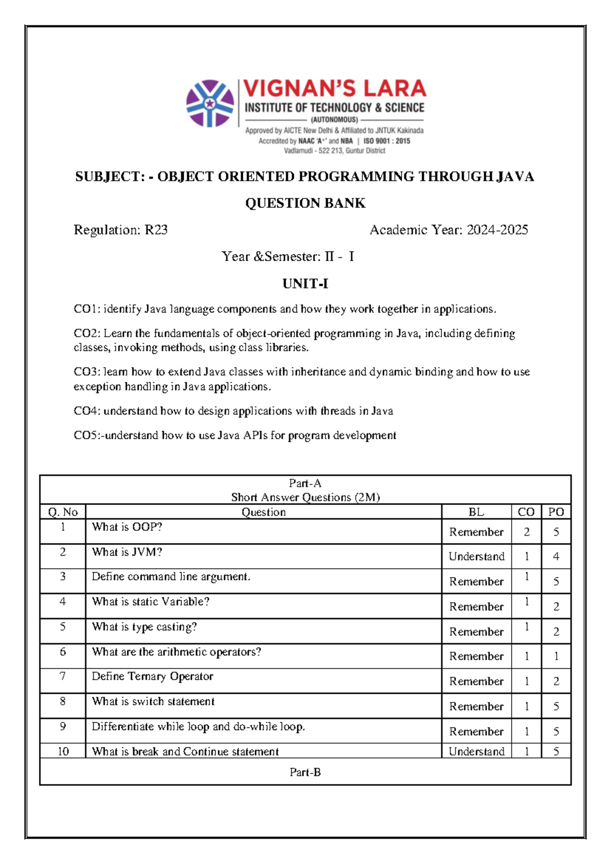 Java Unit 1 Question Bank - SUBJECT: - OBJECT ORIENTED PROGRAMMING THROUGH JAVA QUESTION BANK ...