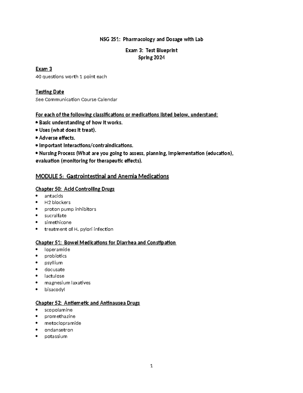 251exam3 - Study guide - NSG 251: Pharmacology and Dosage with Lab Exam ...