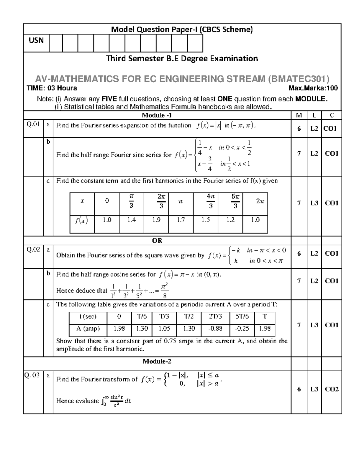 Bmatec 301 MQP1 - mqp - Model Question Paper-I (CBCS Scheme) USN Third Semester B Degree ...