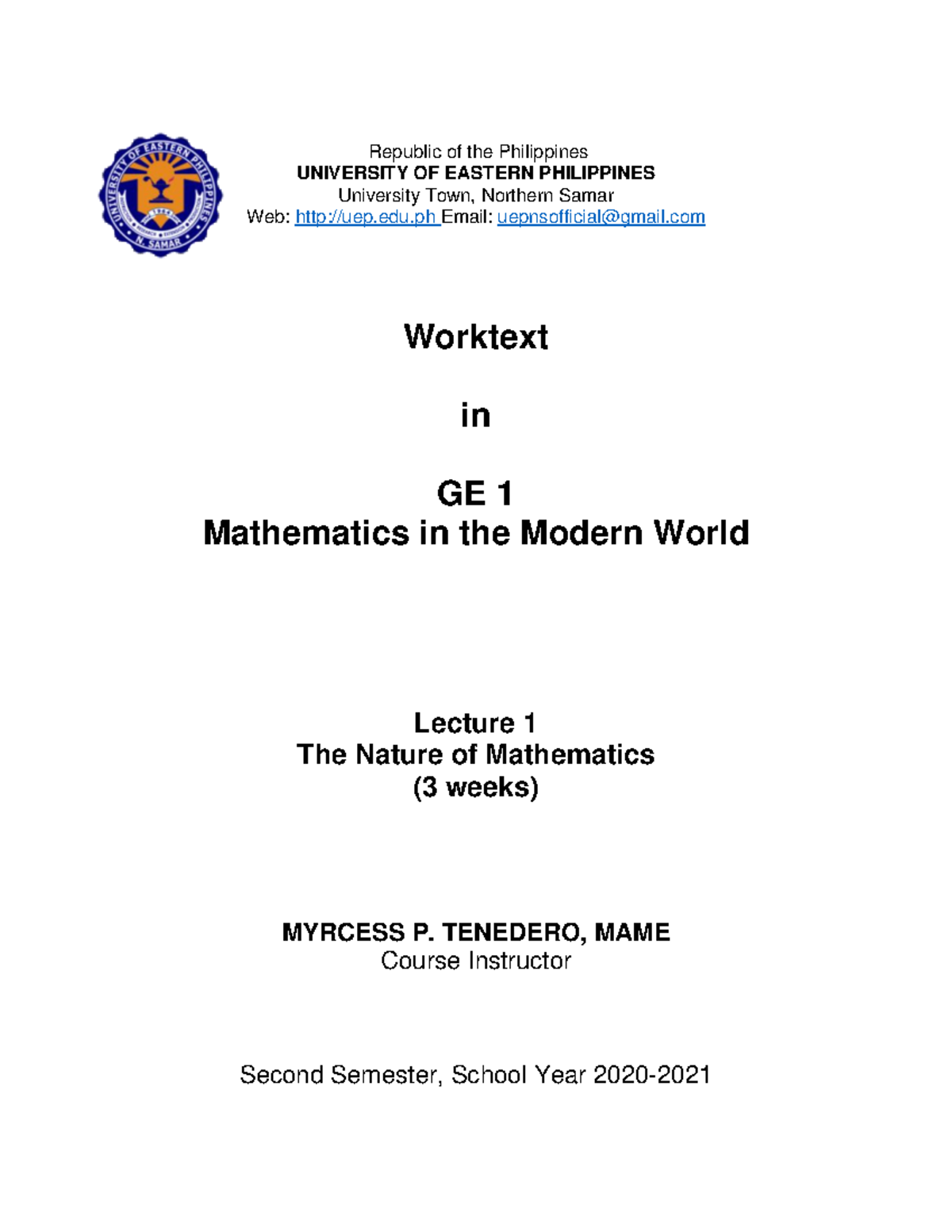 MMW Chapter 1 Worktext - Mathematics in the Modern World - Republic of ...