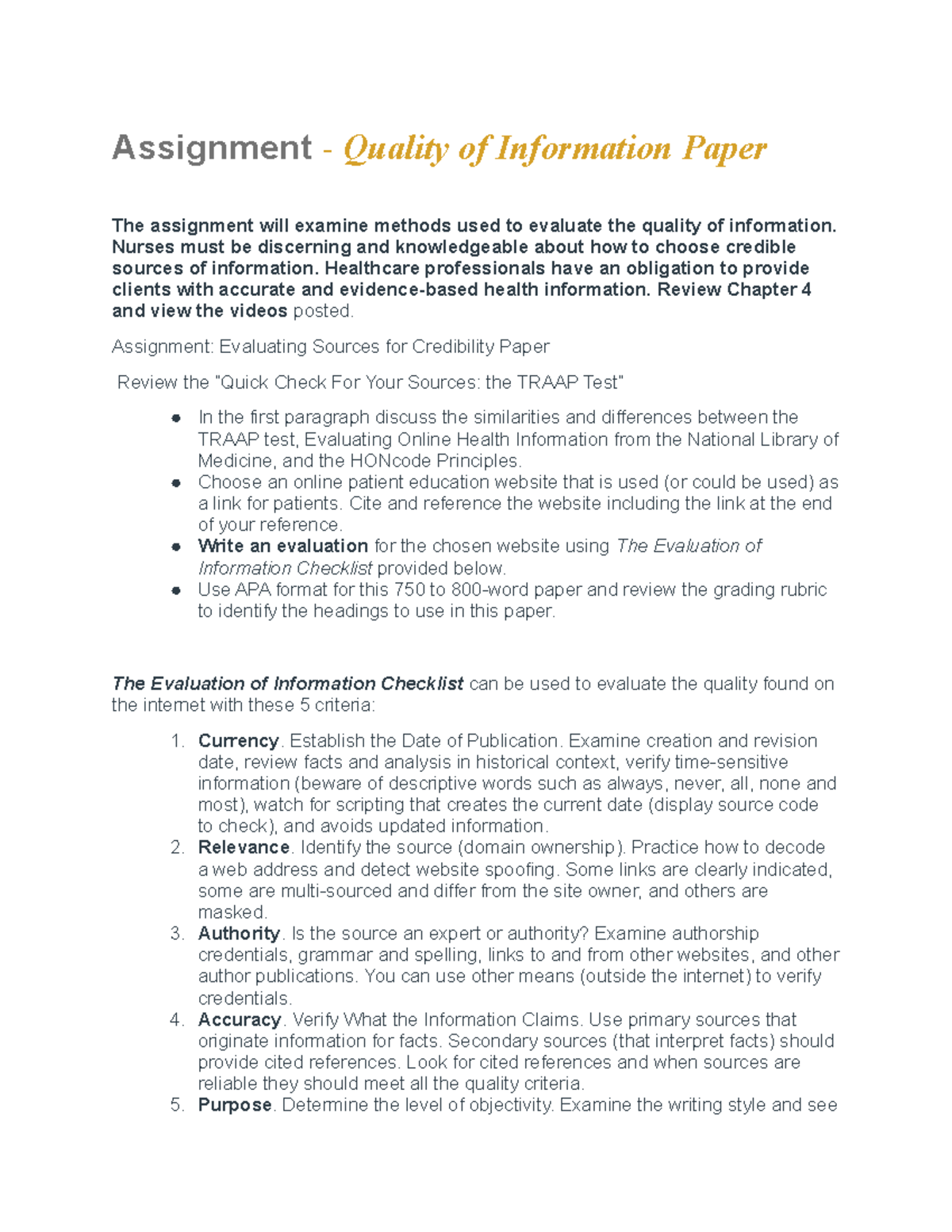 Assignment - Quality of Information Paper 1 - Nurses must be discerning ...